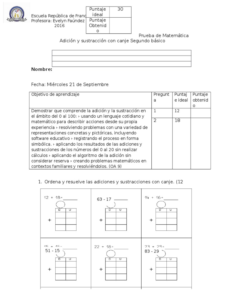 Prueba de Matemática Suma y Resta Con Canje | PDF