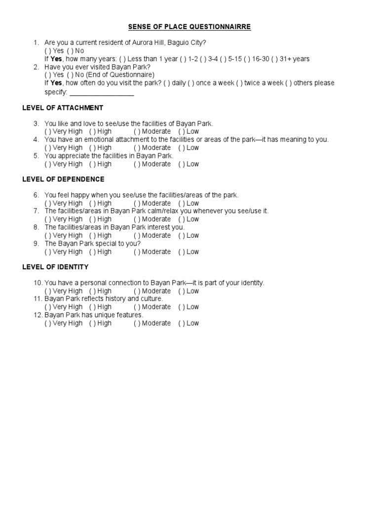 Sense of Place Questionnaire | PDF | Language Arts & Discipline | Games ...
