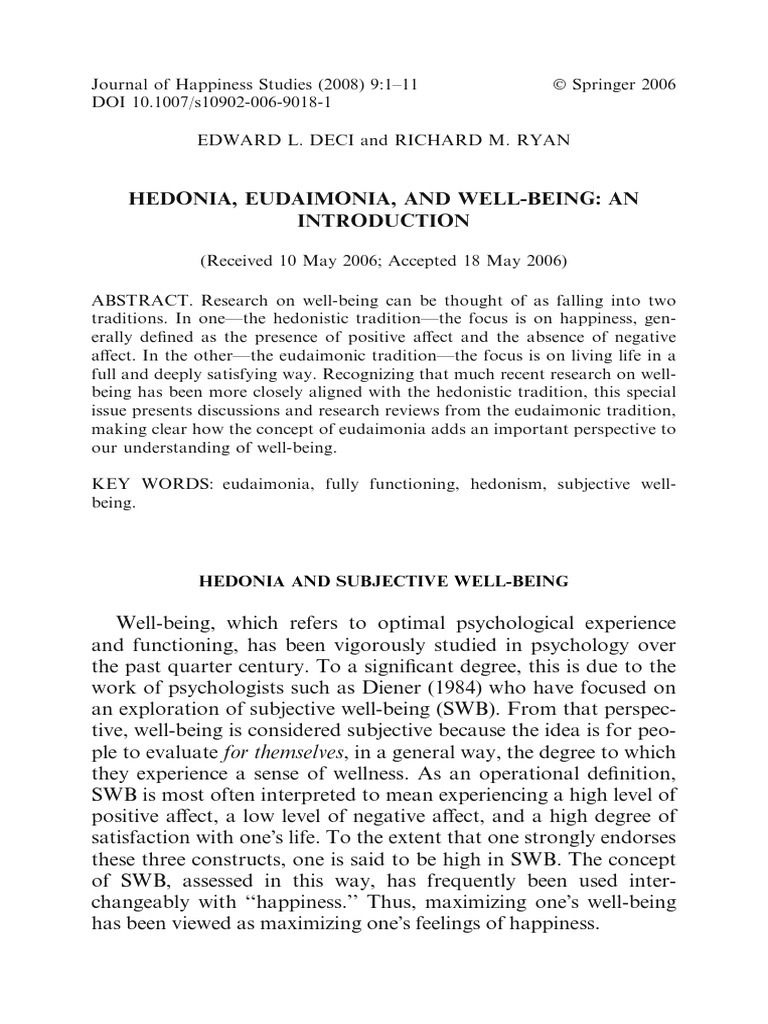 Hedonia vs Eudaimonia in Well-Being | PDF | Well Being | Happiness