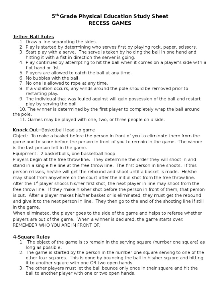 5th Grade Physical Education Recess Games Study Sheet | PDF | Rules ...