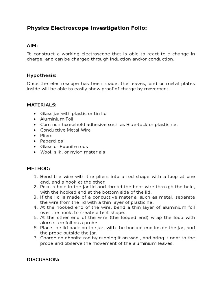 Physics Electroscope Practical Report | PDF | Electric Charge | Electron