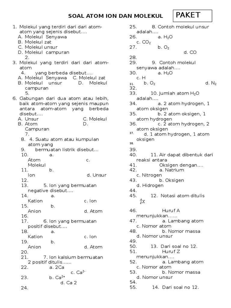 Soal Atom Ion Dan Molekul