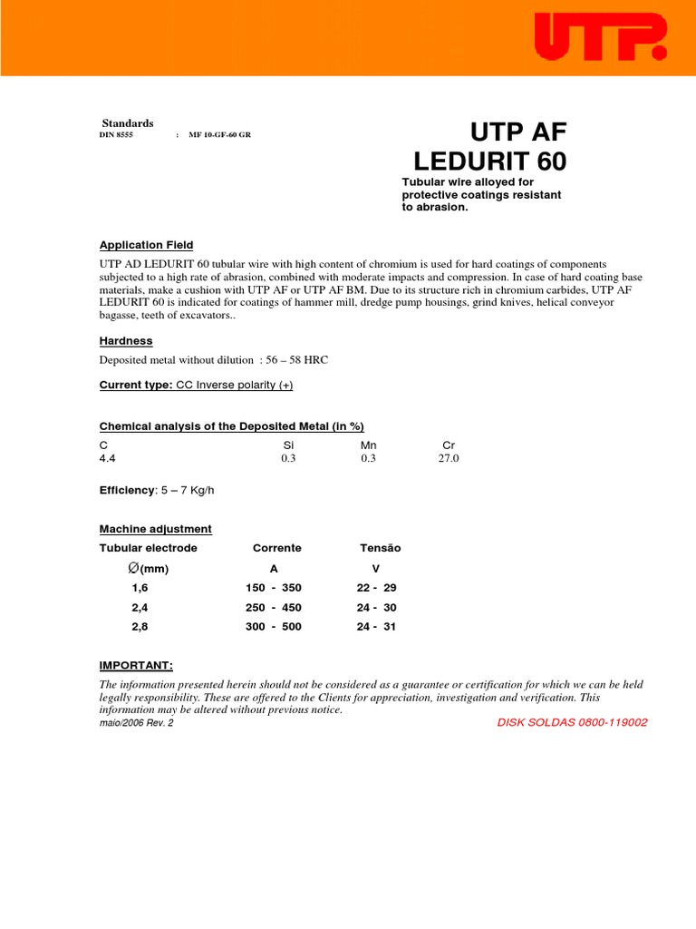 UTP AF LEDURIT 60 Coating Specifications | PDF | Technology & Engineering