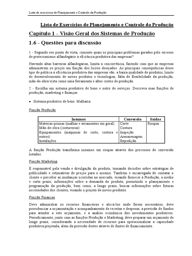 Lista de Exercícios de PCP Corrigidos Capitulo 1 A 4 | PDF