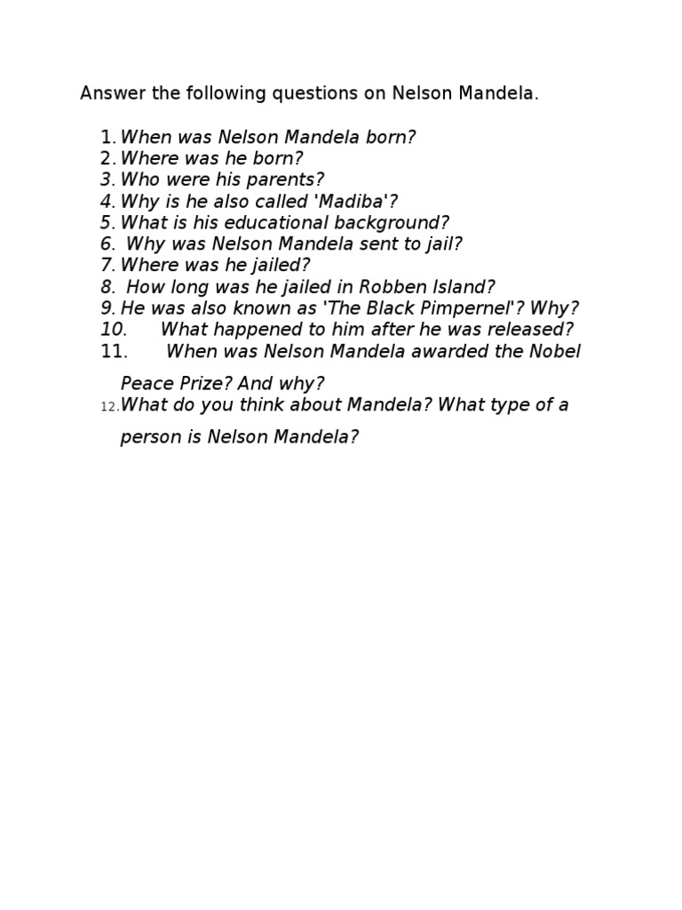 Answer The Following Questions On Nelson Mandela | Download Free PDF ...