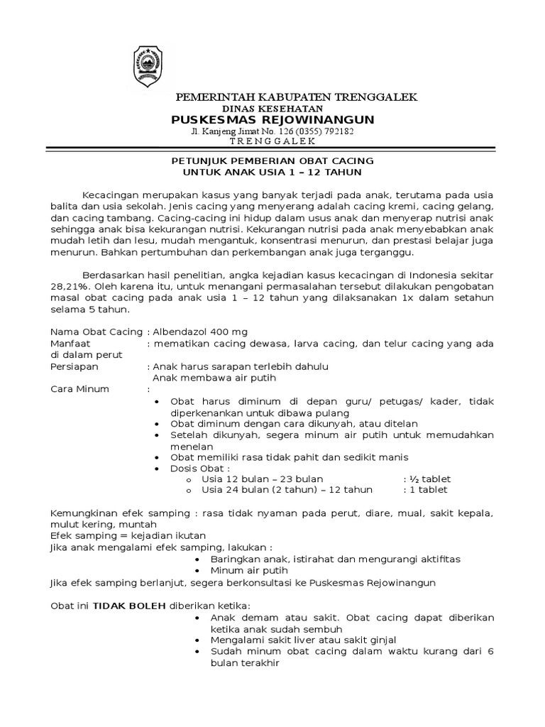 Petunjuk Pemberian Obat Cacing | PDF