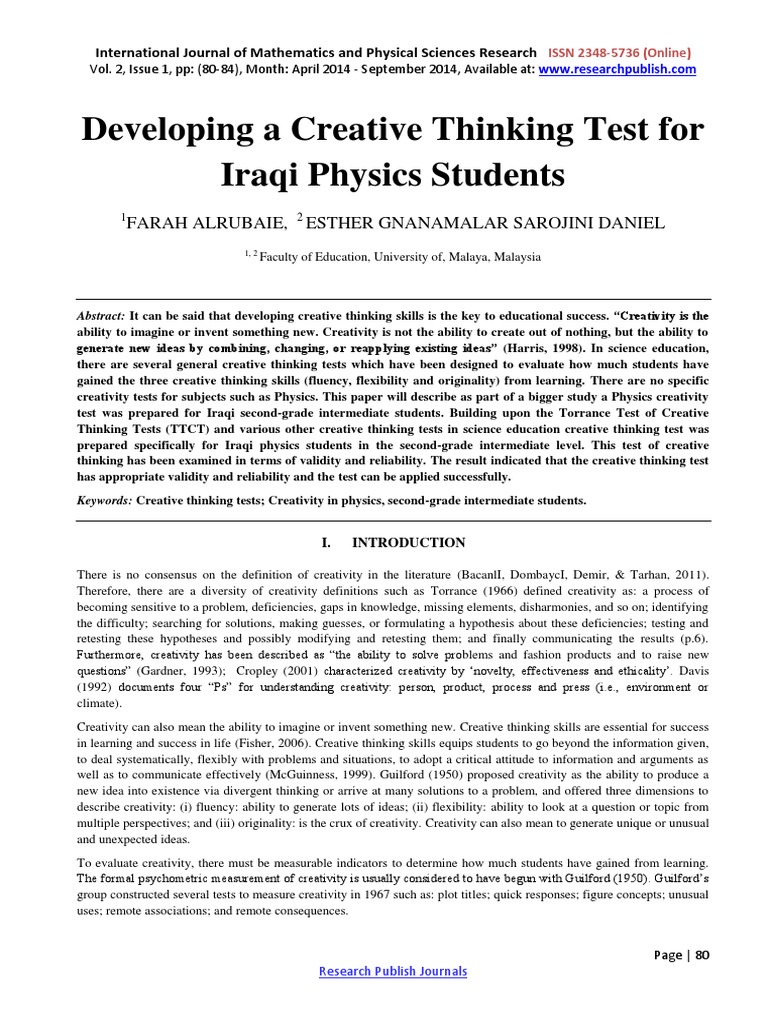 Creative Thinking Test for Iraqi Physics Students | PDF | Creativity ...