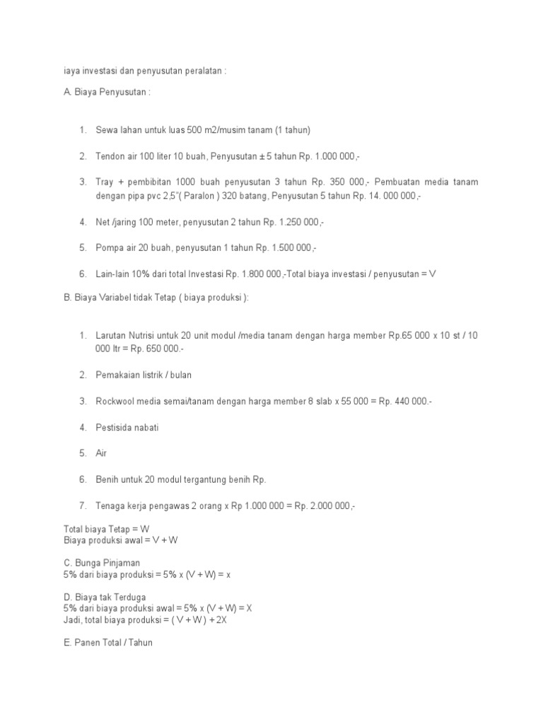 Biaya Investasi Dan Penyusutan Peralatan HIDROPONIK | PDF