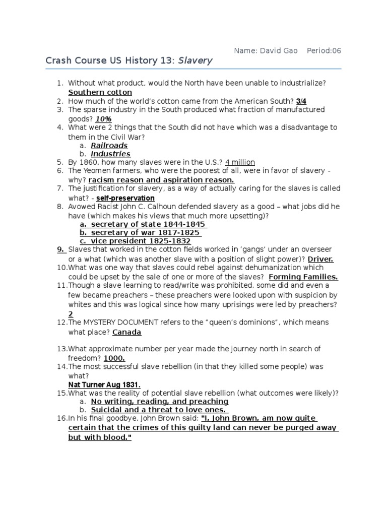 Crash Course 13 and 16 David Gao 06 | PDF | Slavery | The United States