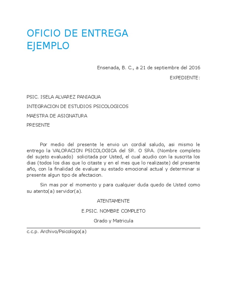 Oficio de Entrega-Ejemplo | PDF | Relaciones personales, crianza y ...
