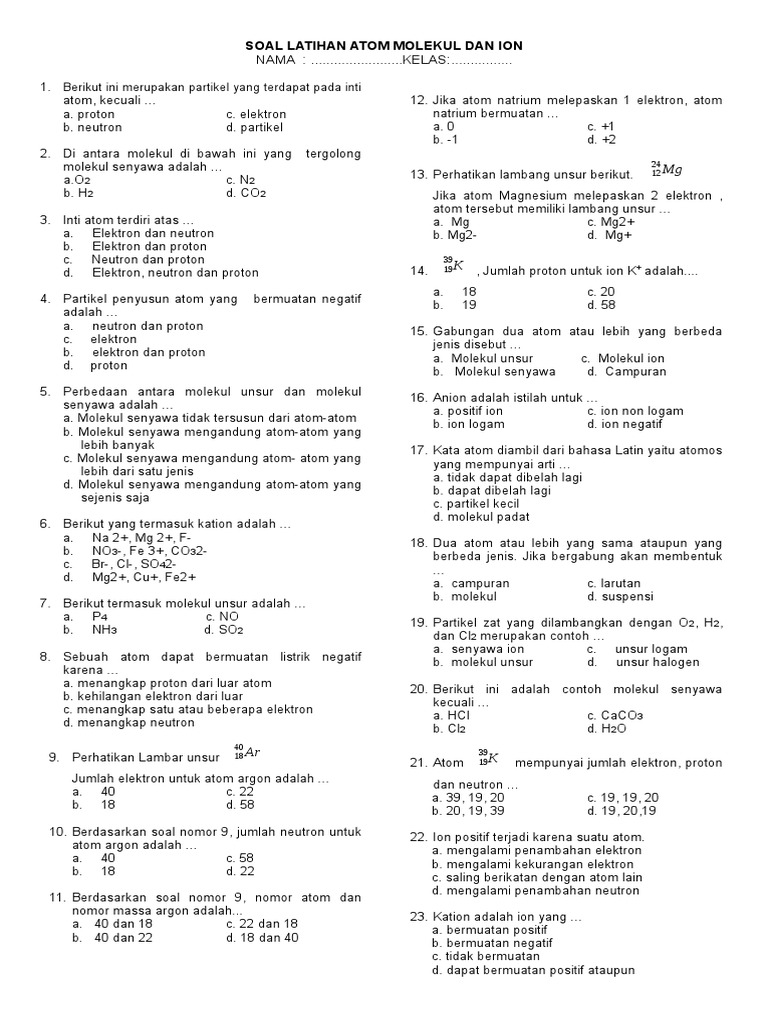 Soal Latihan Atom Ion Dan Molekul | PDF