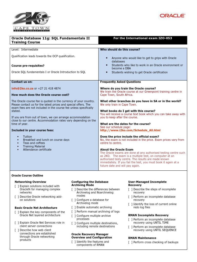 Oracle Database 11g Sql Fundamentals Ii Pdf Pdf Oracle Database Backup 