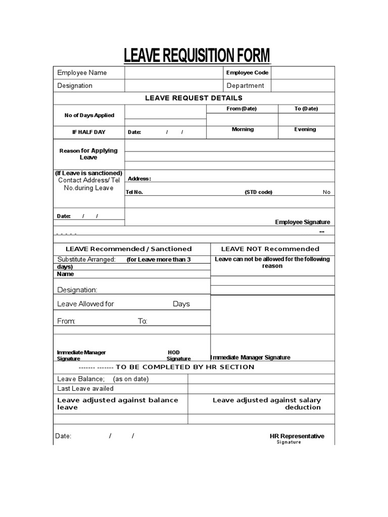 Leave Requisition Form: Employee Name Designation Department | PDF