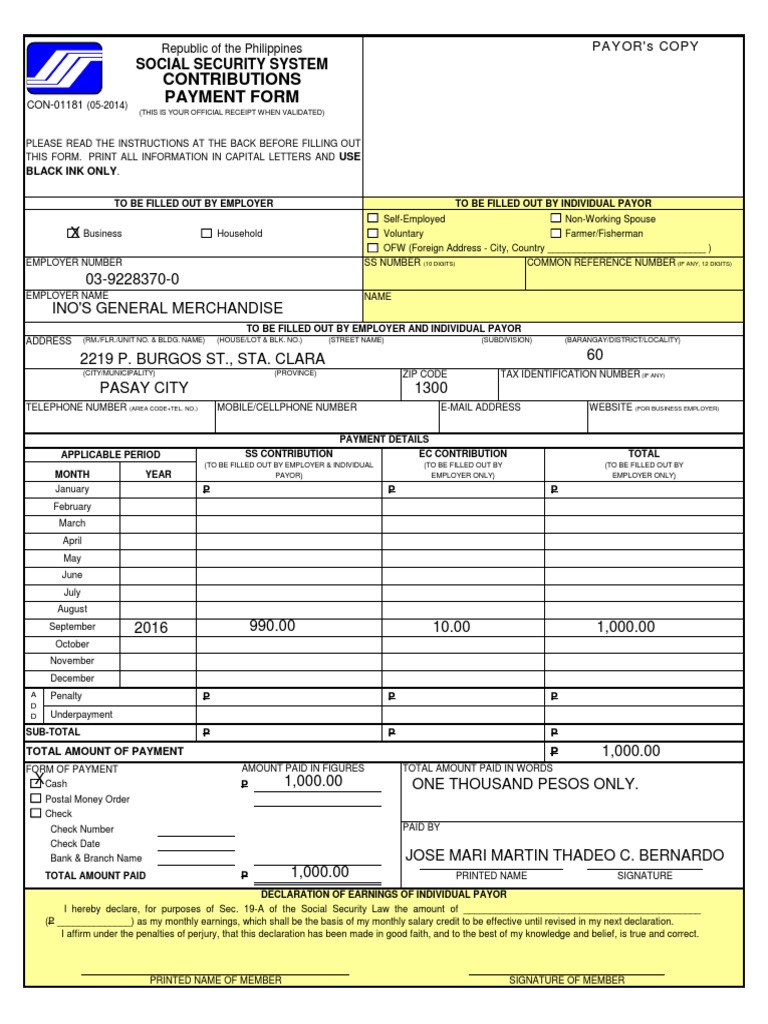 Inos Sss Contribution Form | PDF | Social Security (United States) | Cheque