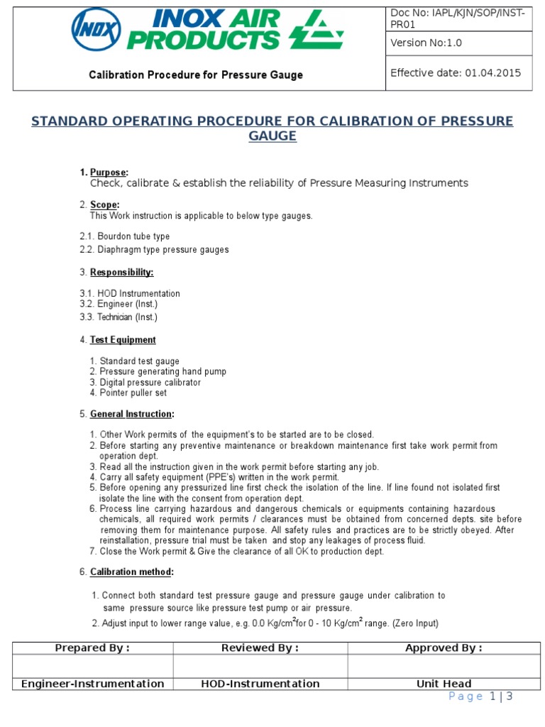 Pressure Gauge Calibration SOP | PDF | Calibration | Pressure Measurement