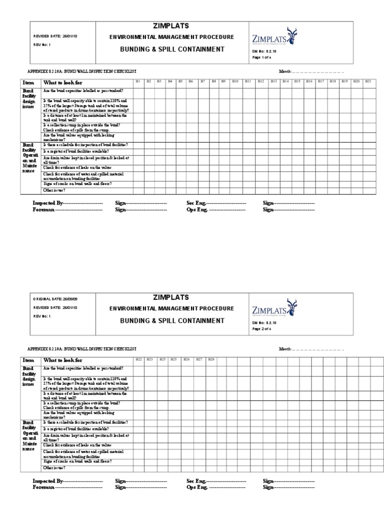 Bund Wall Inspection Checklist | Environmental Technology | Hydraulic ...