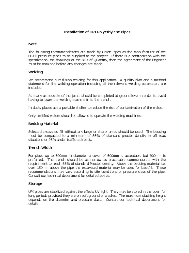 Installation, Handling and Storage of HDPE Pipes | PDF
