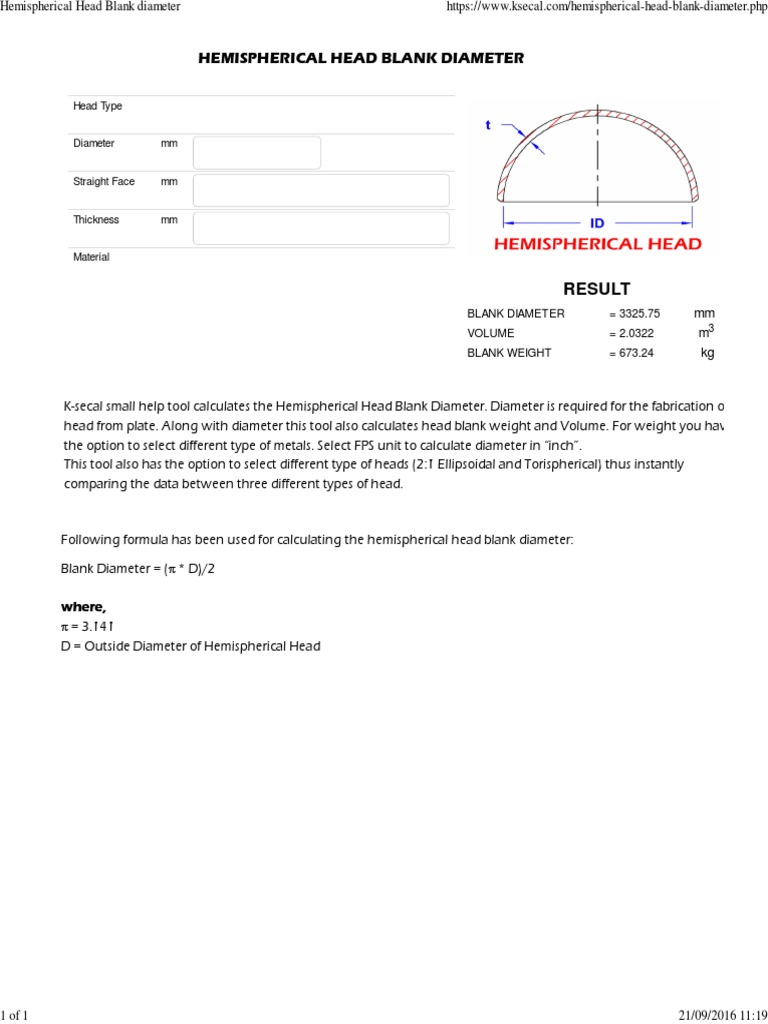 Hemispherical Head Blank Diameter | PDF