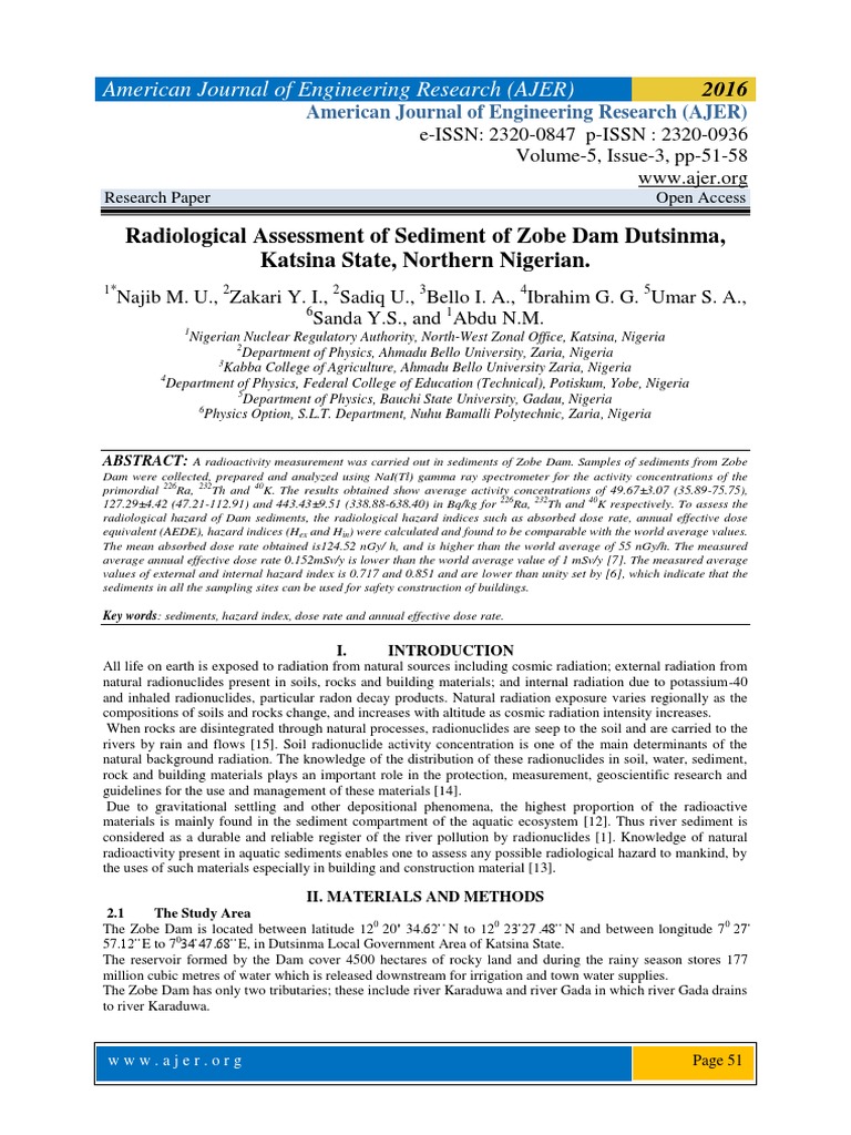 Radiological Assessment of Sediment of Zobe Dam Dutsinma, Katsina State ...
