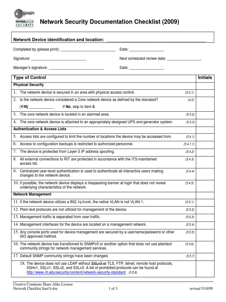 Network Security Documentation Checklist (2009) | PDF | Transport Layer Security | Computer Network