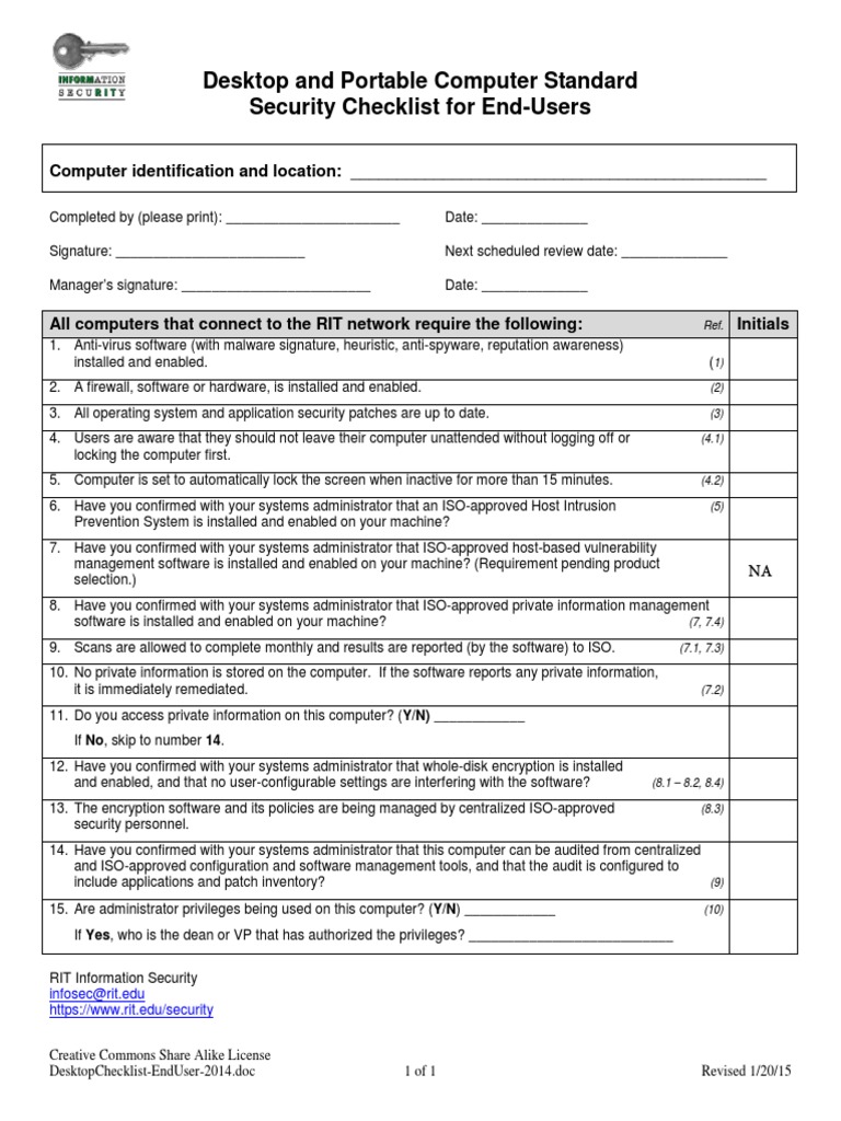 Desktop and Portable Computer Standard Security Checklist For End-Users ...