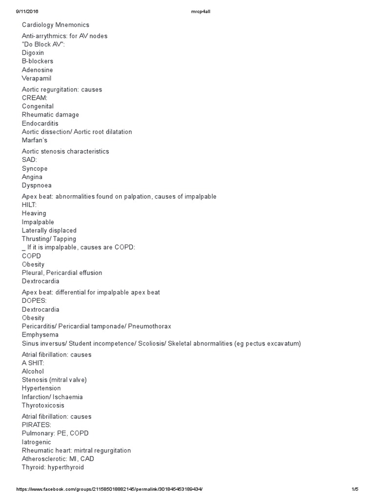 Cardiology Mnemonic | PDF | Heart | Myocardial Infarction