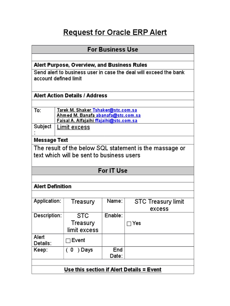 Request For Oracle ERP Alert | PDF | Data Management | Computing