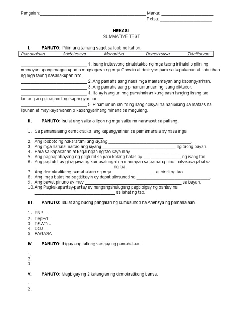 1st Summative Test HEKASI 6 | PDF