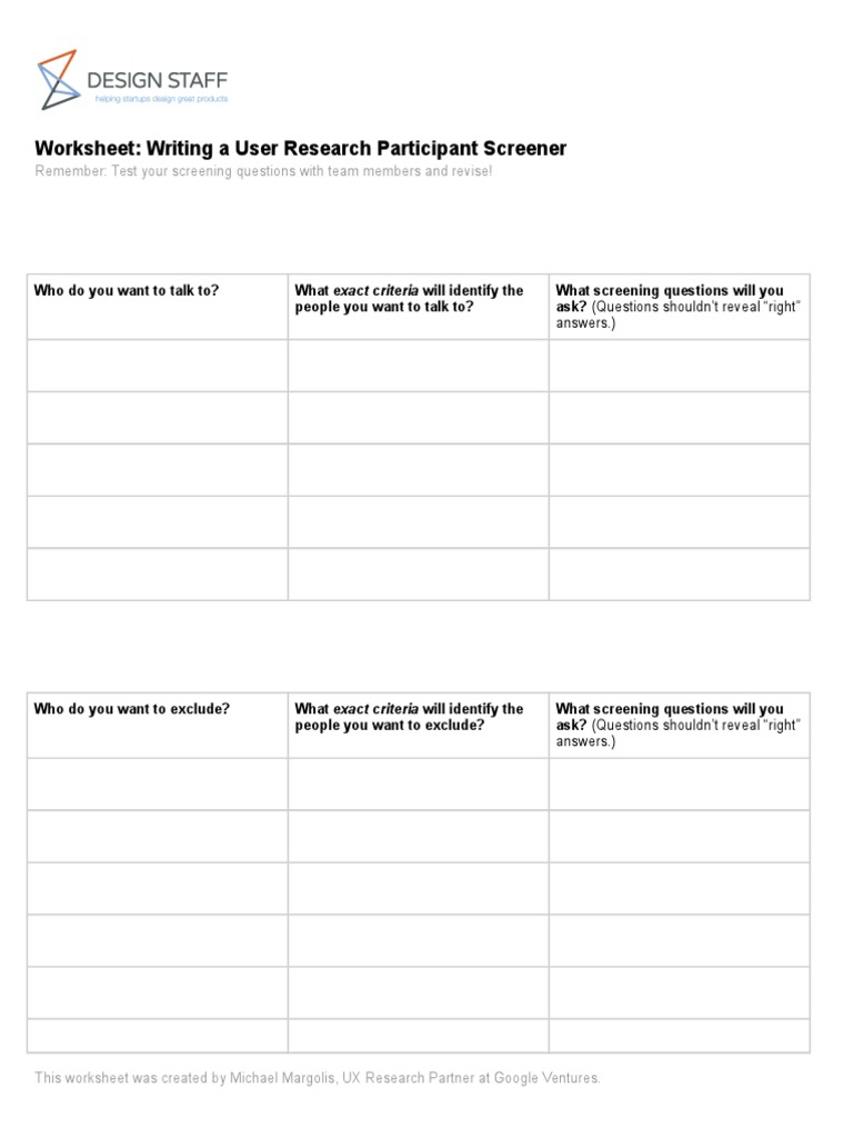 Worksheet - Writing A User Research Participant Screener - Design Staff ...