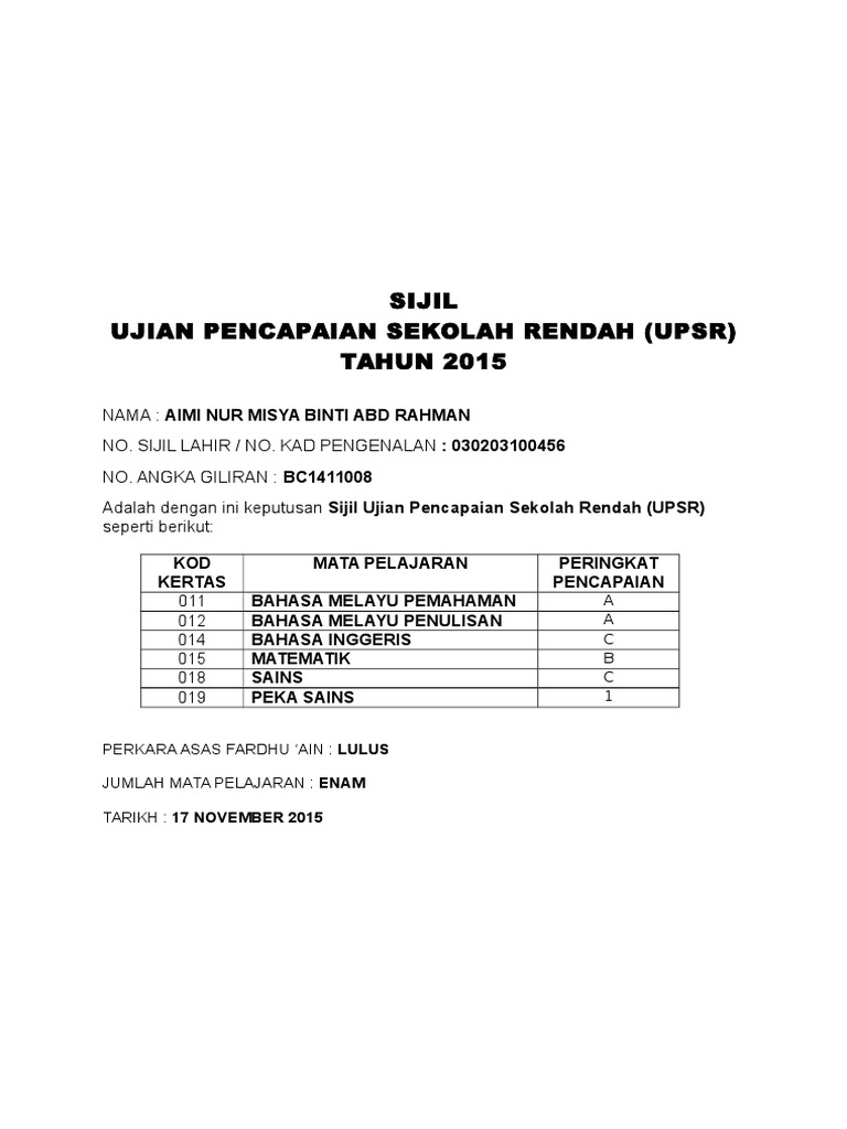 Template Sijil Upsr | PDF
