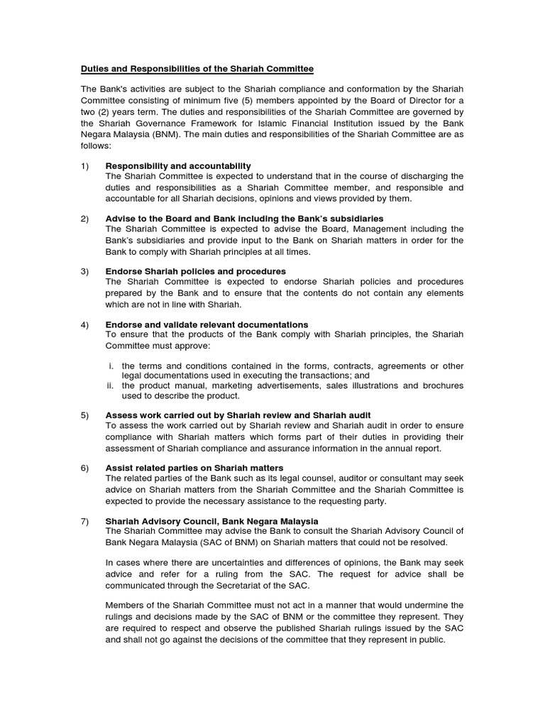 Duties and Responsibilities of The Shariah Committee | PDF | Islamic ...