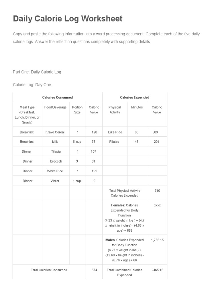 Daily Calorie Log Worksheet | PDF | Lunch | Meal