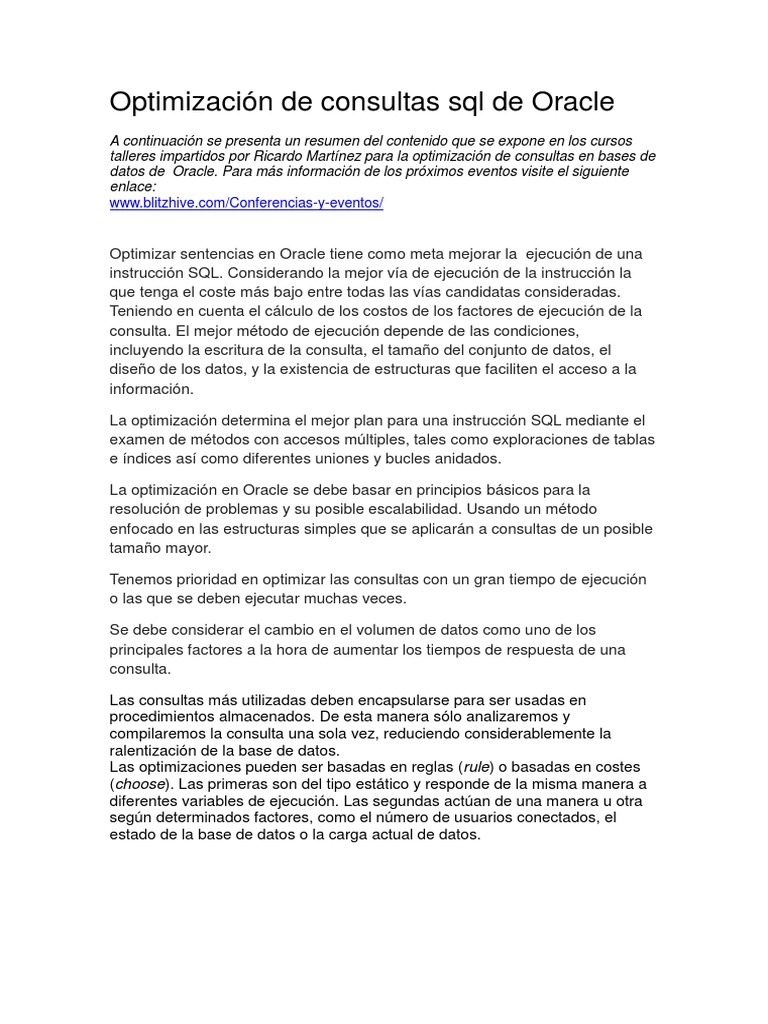 Optimización Consultas Oracle | PDF | SQL | Optimización Matemática