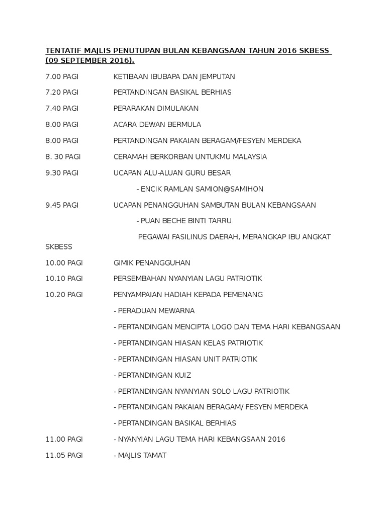 Tentatif Majlis Penutupan Bulan Kebangsaan Tahun 2016 Skbess | PDF