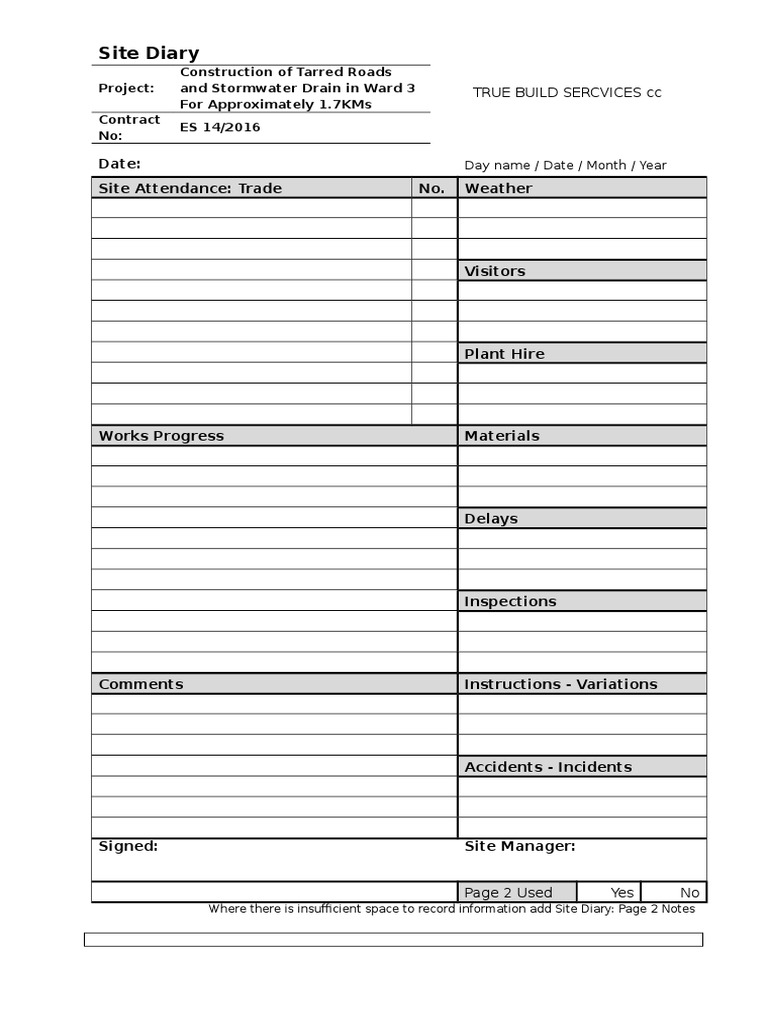 Site Diary Template | Disaster And Accident