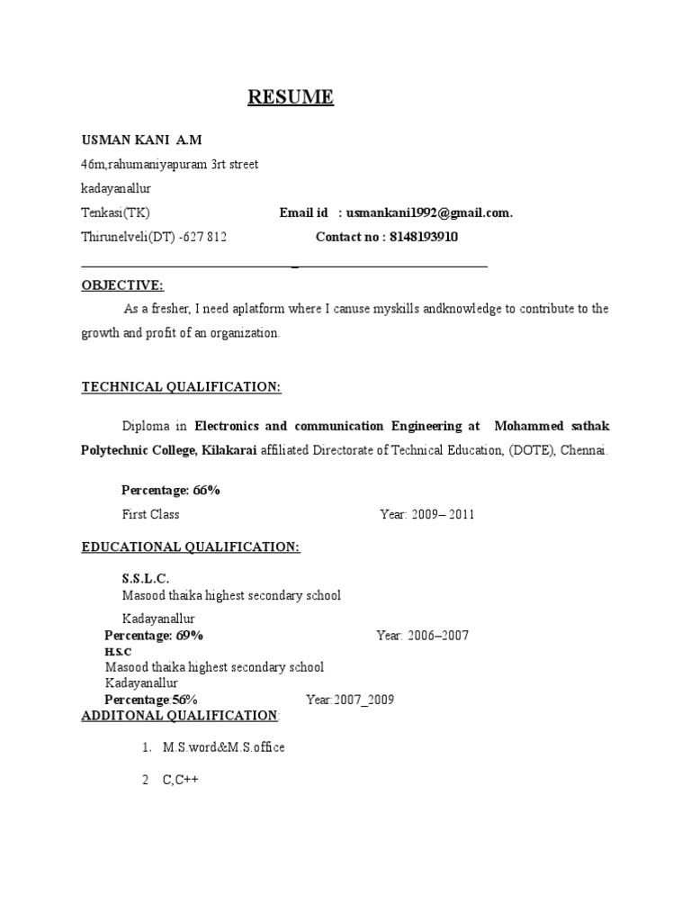 Resume: Usman Kani A.M | PDF