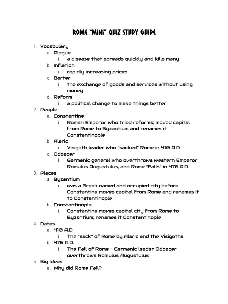 Rome "Mini" Quiz Study Guide | Download Free PDF | Ancient Rome | Rome