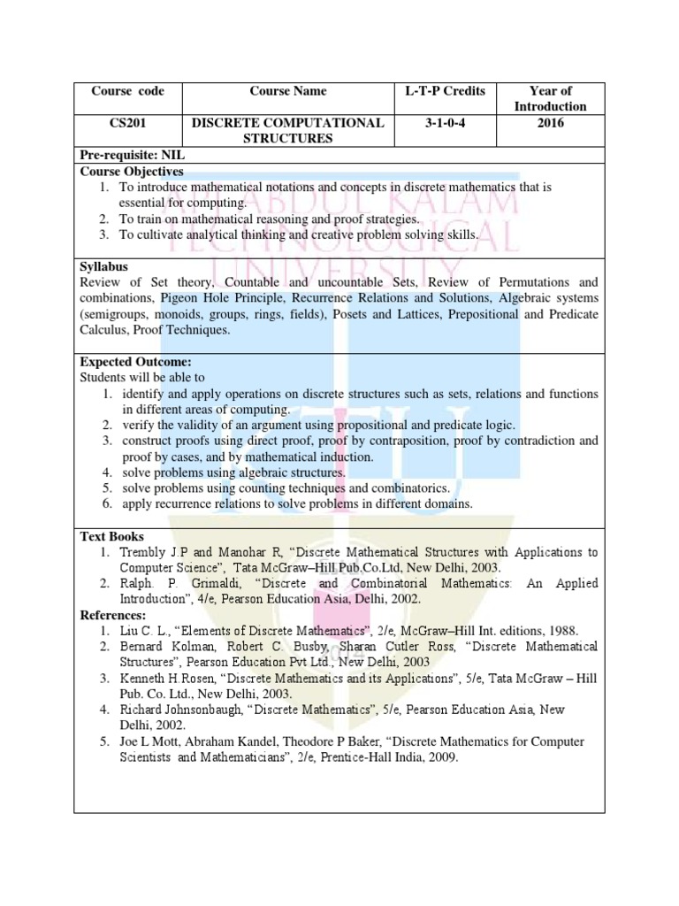 Discrete Computational Structures: A comprehensive overview of the objectives, syllabus ...