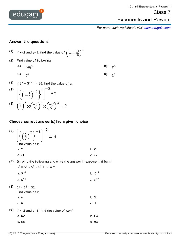 Grade 7 Exponents and Powers ...