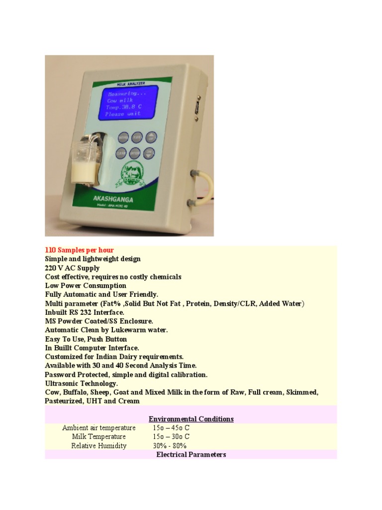 110 Samples Per Hour: Ambient Air Temperature 15o - 45o C Milk ...