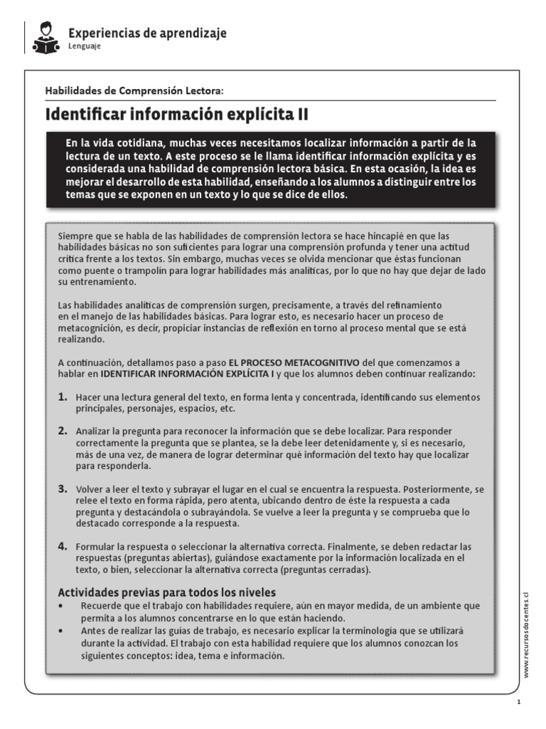 Identificar Info Explicita 2 | PDF | Lectura (proceso) | Comprensión ...