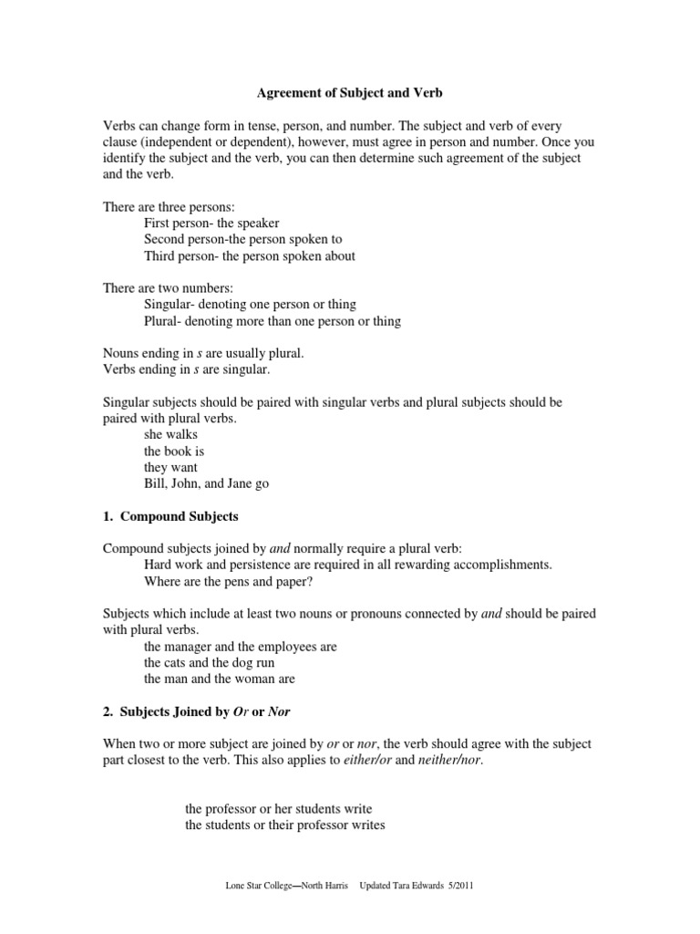Subject Verb Agreement Handout | PDF | Grammatical Number | Subject ...