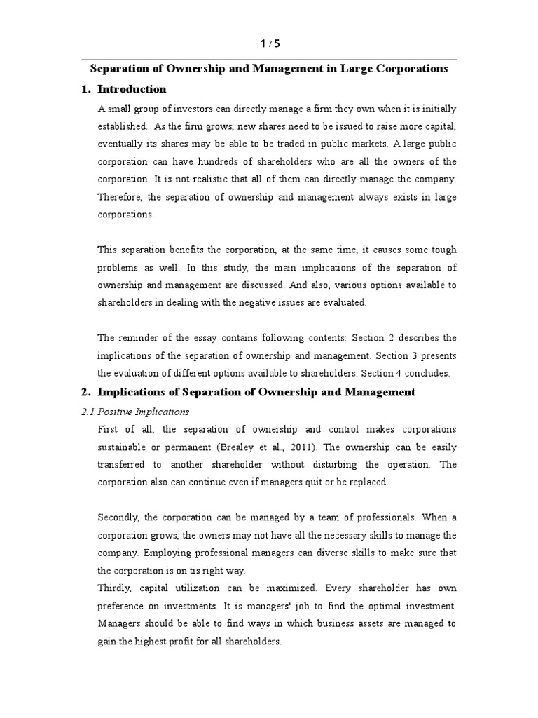 Separation of Ownership and Management in Large Corporations ...