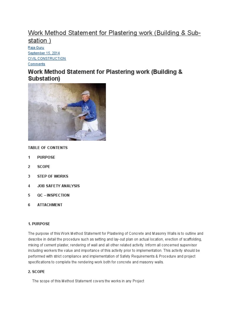 Work Method Statement For Plastering Work | PDF | Building Technology ...