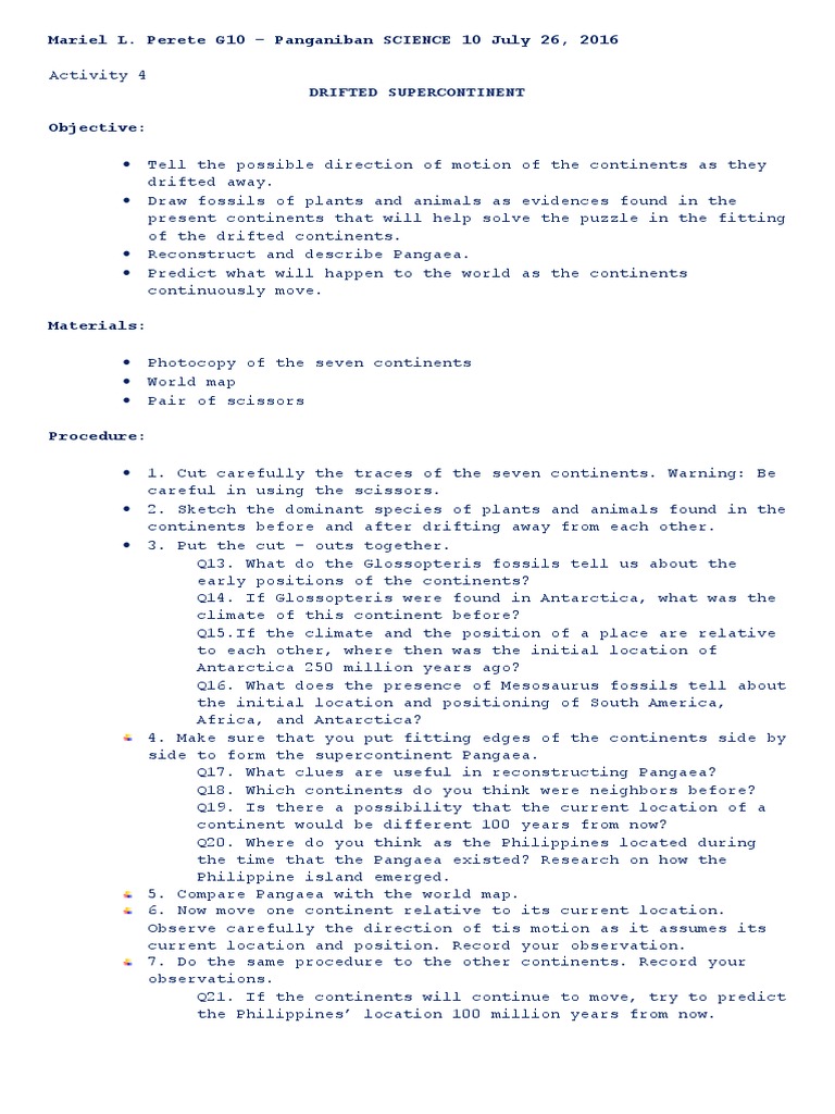 Science Individual Activity | PDF | Plate Tectonics | Continent