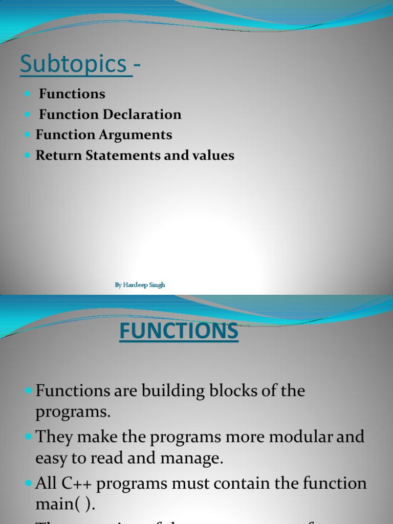 Subtopics Functions Function Declaration Function Arguments Return Statements And Values 0482