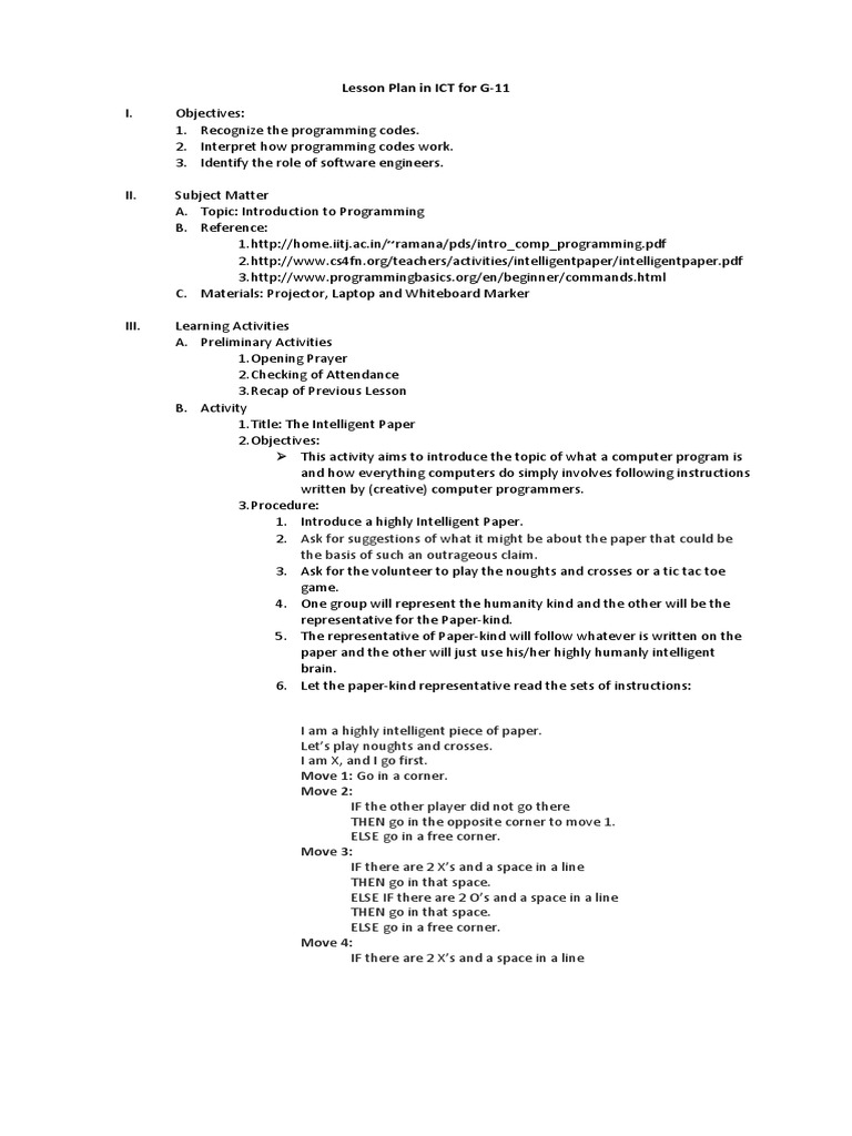 Lesson Plan in ICT - Jabelo, Dinessa | PDF | Computer Program | Programming