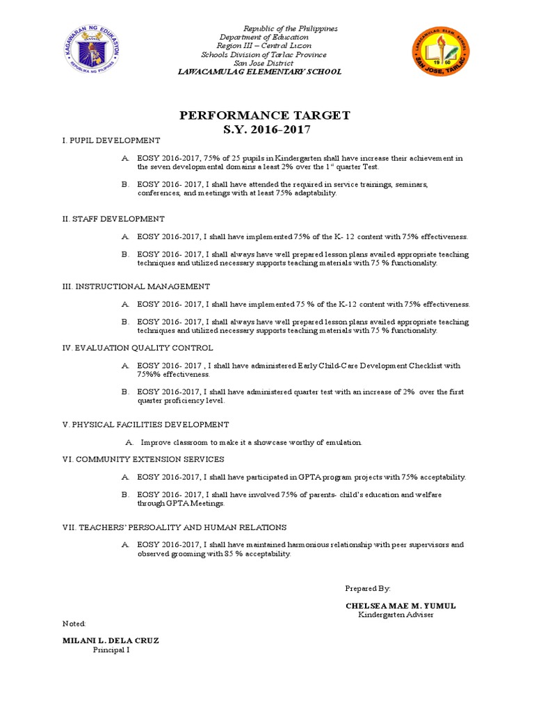 Performance Target S.Y. 2016-2017: Lawacamulag Elementary School | PDF ...