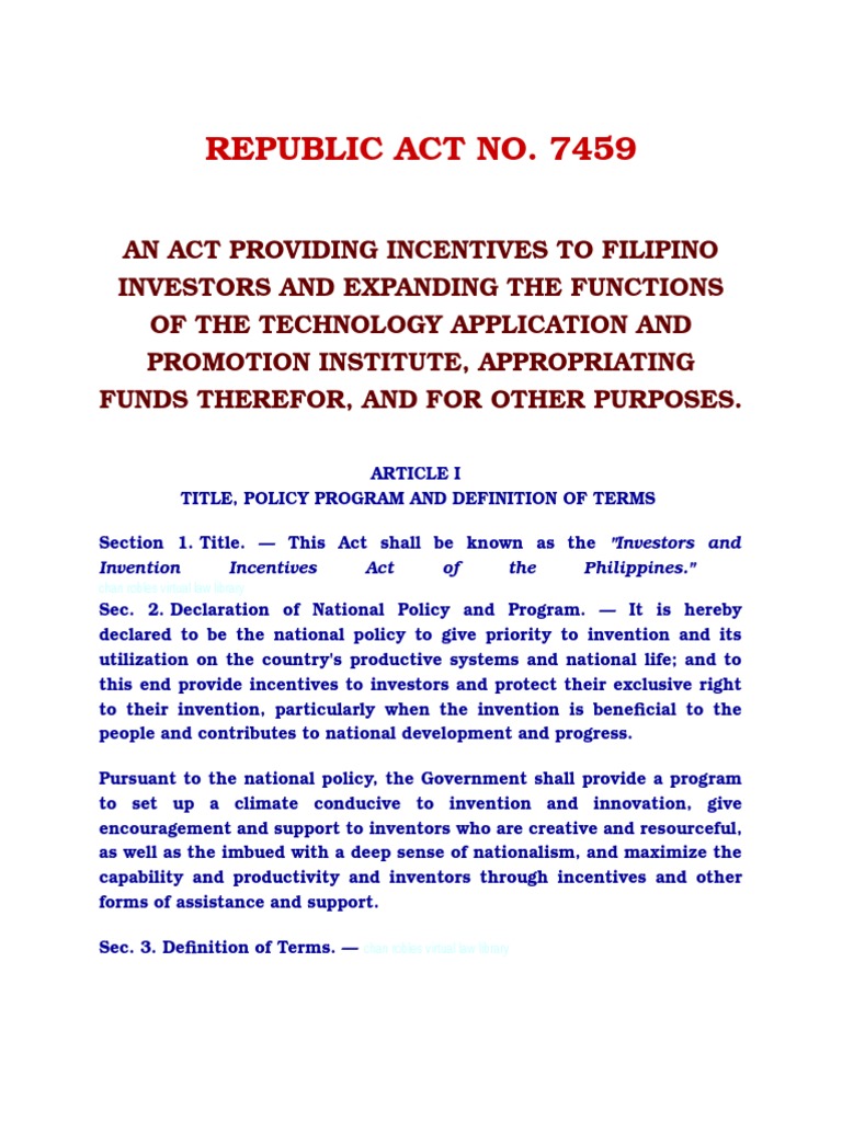 REPUBLIC ACT NO.7459 Incentives To Filipino Investor | Invention | Patent
