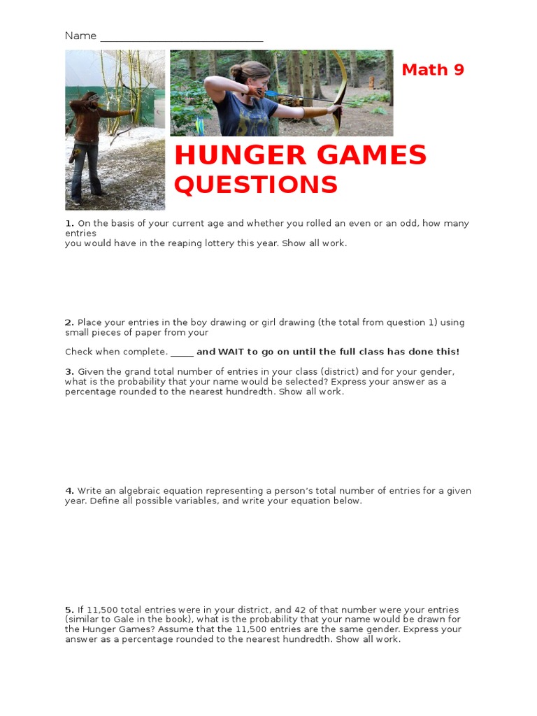 Hunger Games Probability Worksheet | PDF | Equations | Probability